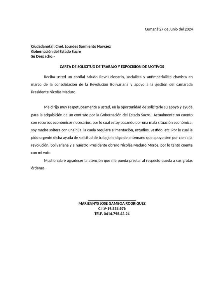Carta Lourdes Sarmiento Narváez - Mariennys Jose Gamboa Rodriguez | PDF