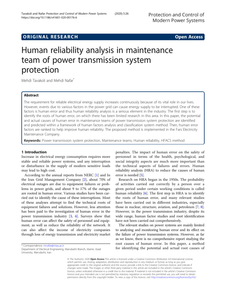 Human Reliability Analysis in Maintenance Team of Power Transmission System Protection | PDF ...