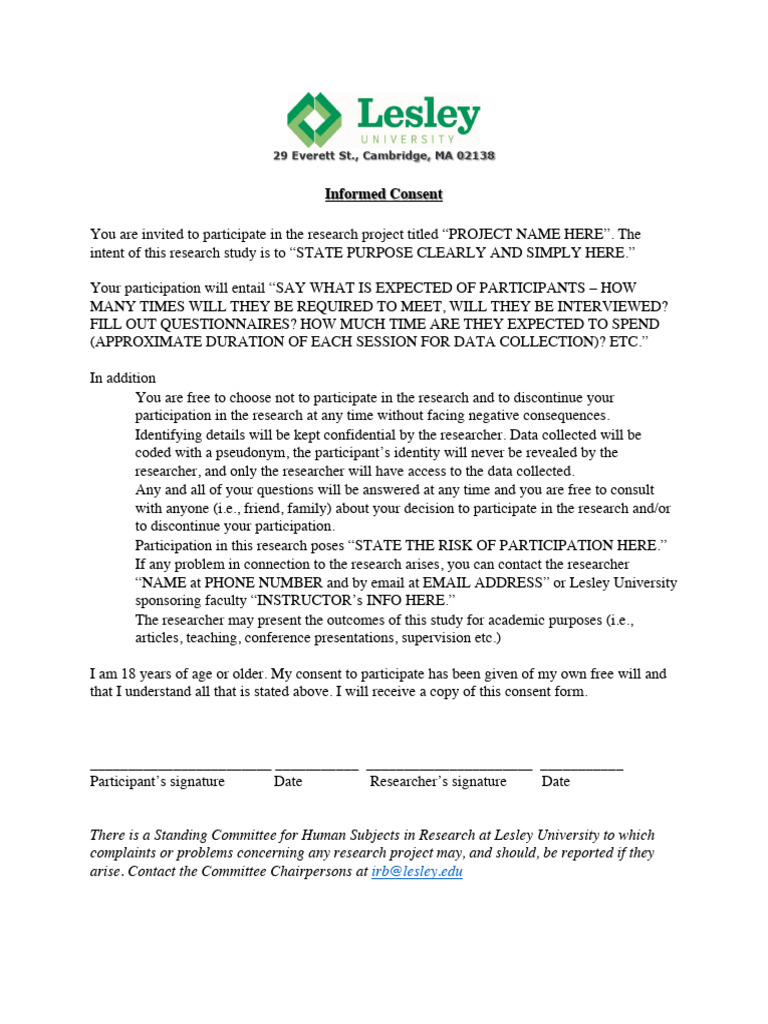 Sample Consents Lesley IRB | PDF