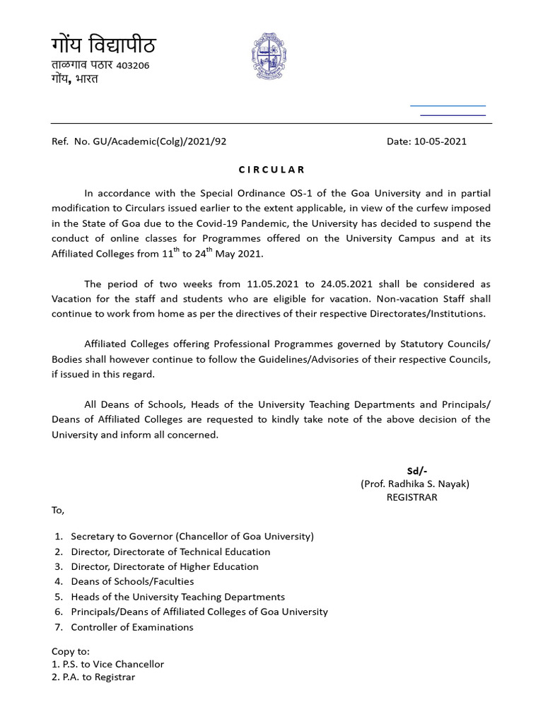Goa University Online Classes Suspension Notice | PDF