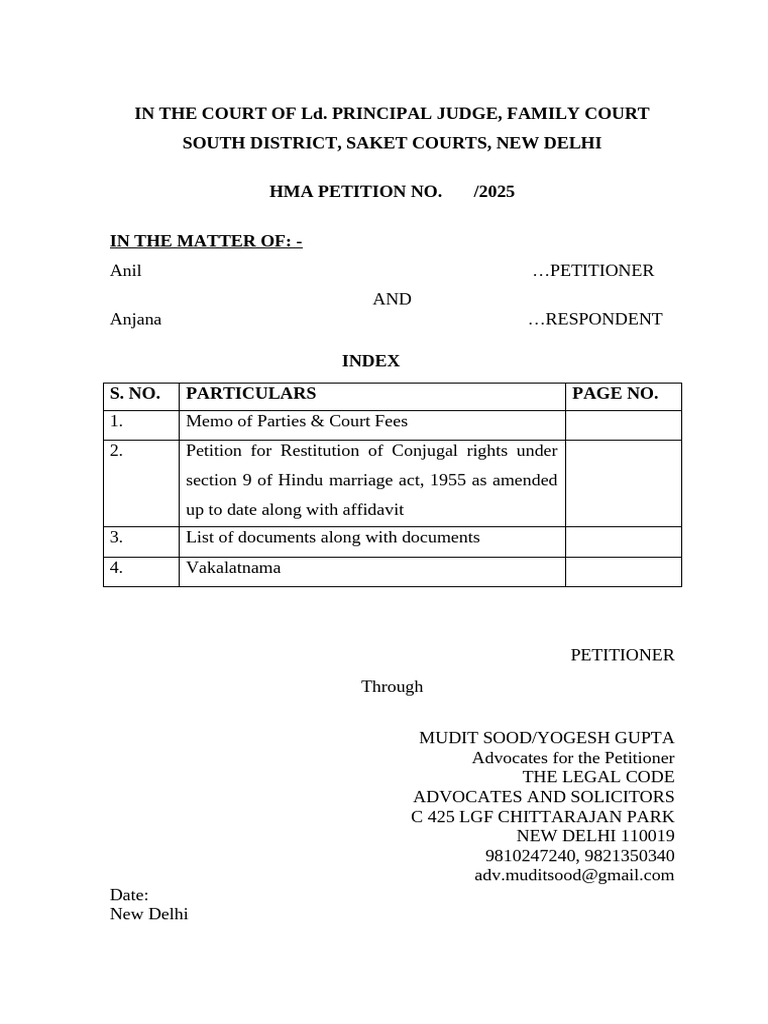 Petition for Restitution of Conjugal Rights | PDF | Affidavit | Marriage