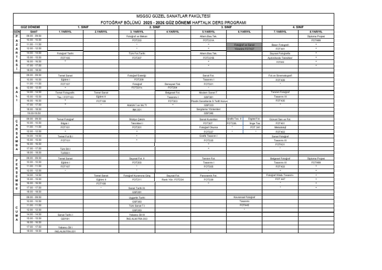 EK-4 FOT - BL. 2025-2026 Güz Ders Programi | PDF