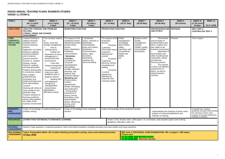 Grade 11 Business Studies Teaching Plan | PDF | Creativity | Marketing