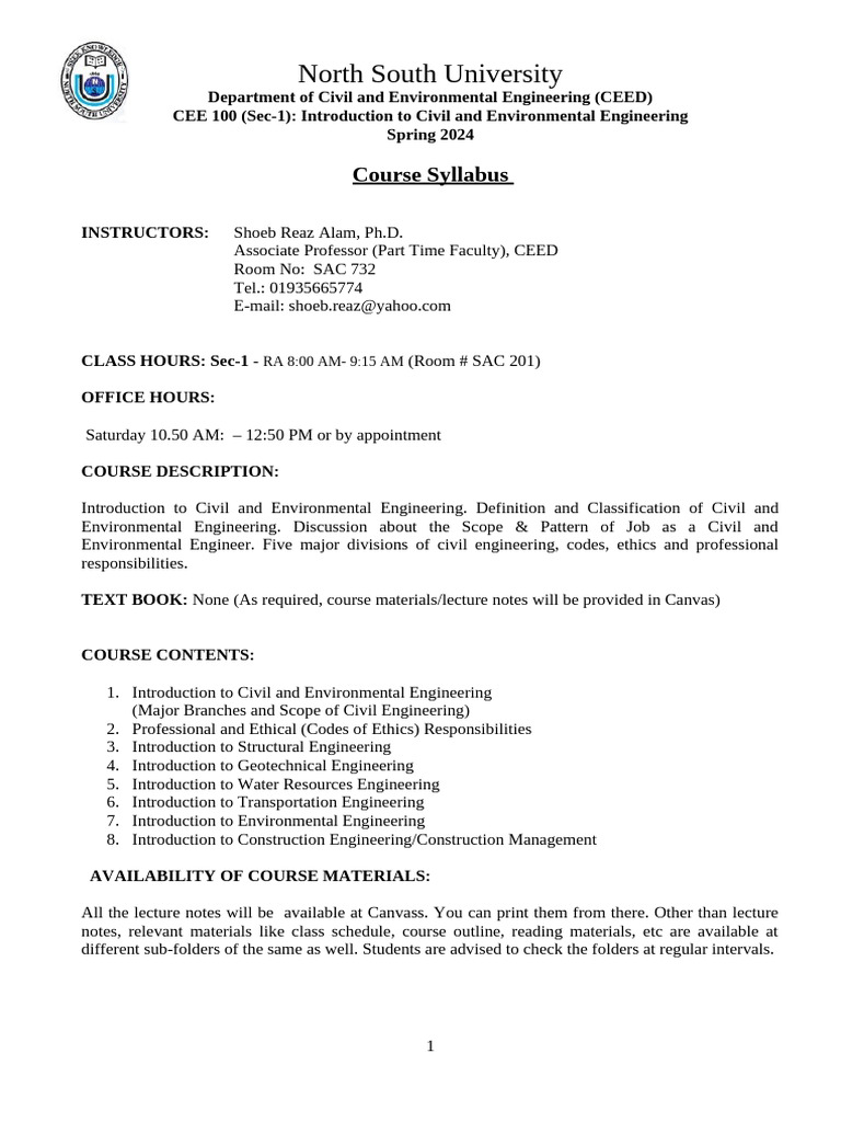 CEE 100 Syllabus: Civil Engineering Intro | PDF | Civil Engineering