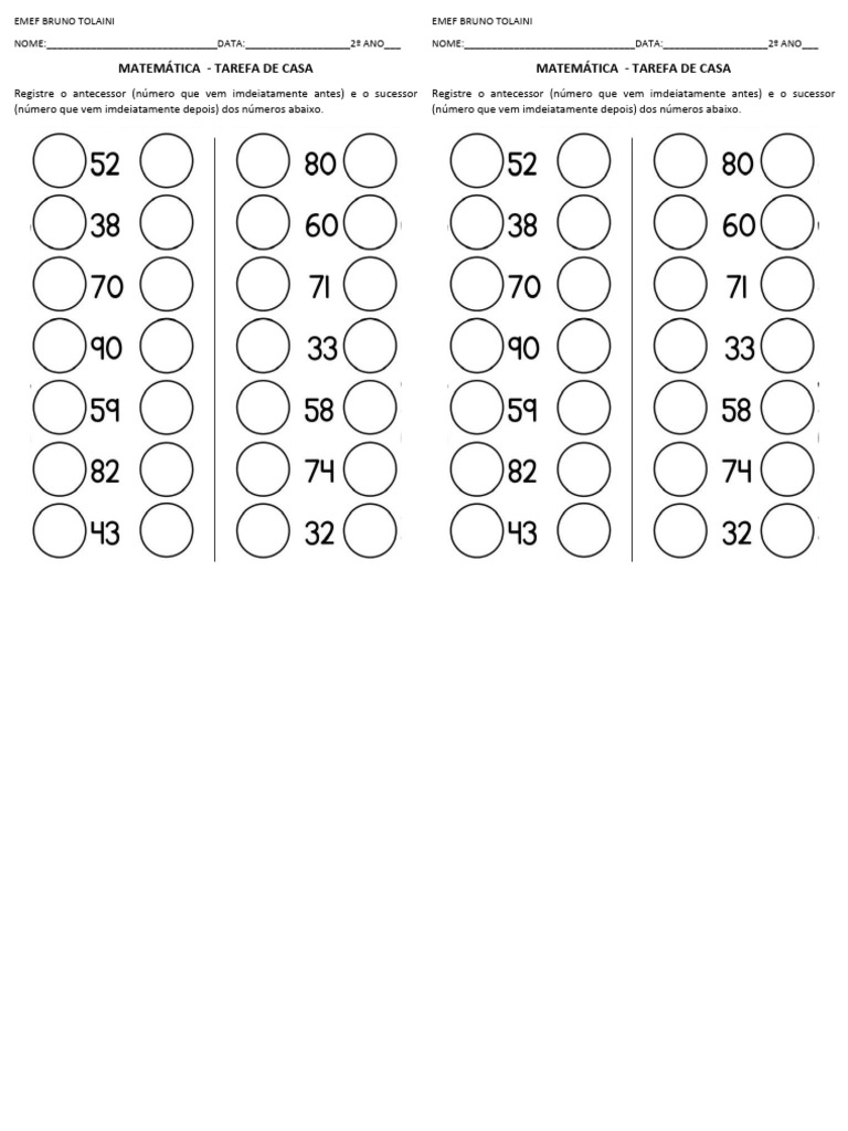 Tarefa de Matemática: Antecessor e Sucessor | PDF