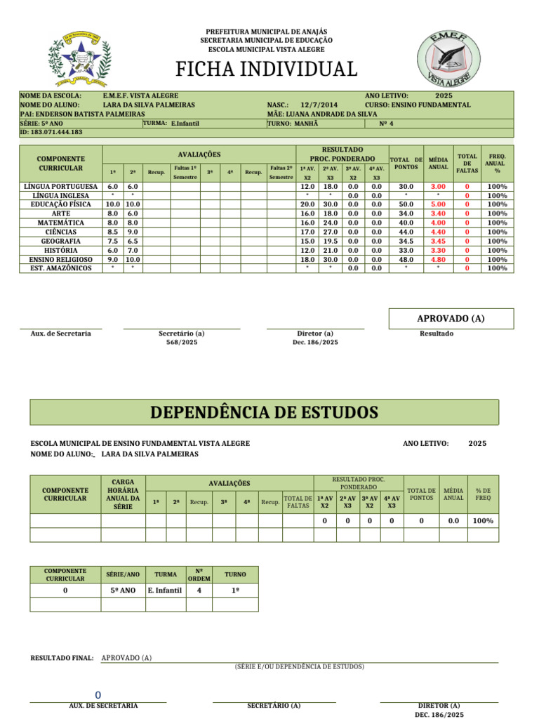 Ficha Escolar de Lara Palmeiras 2025 | PDF | Aprendizado | Science