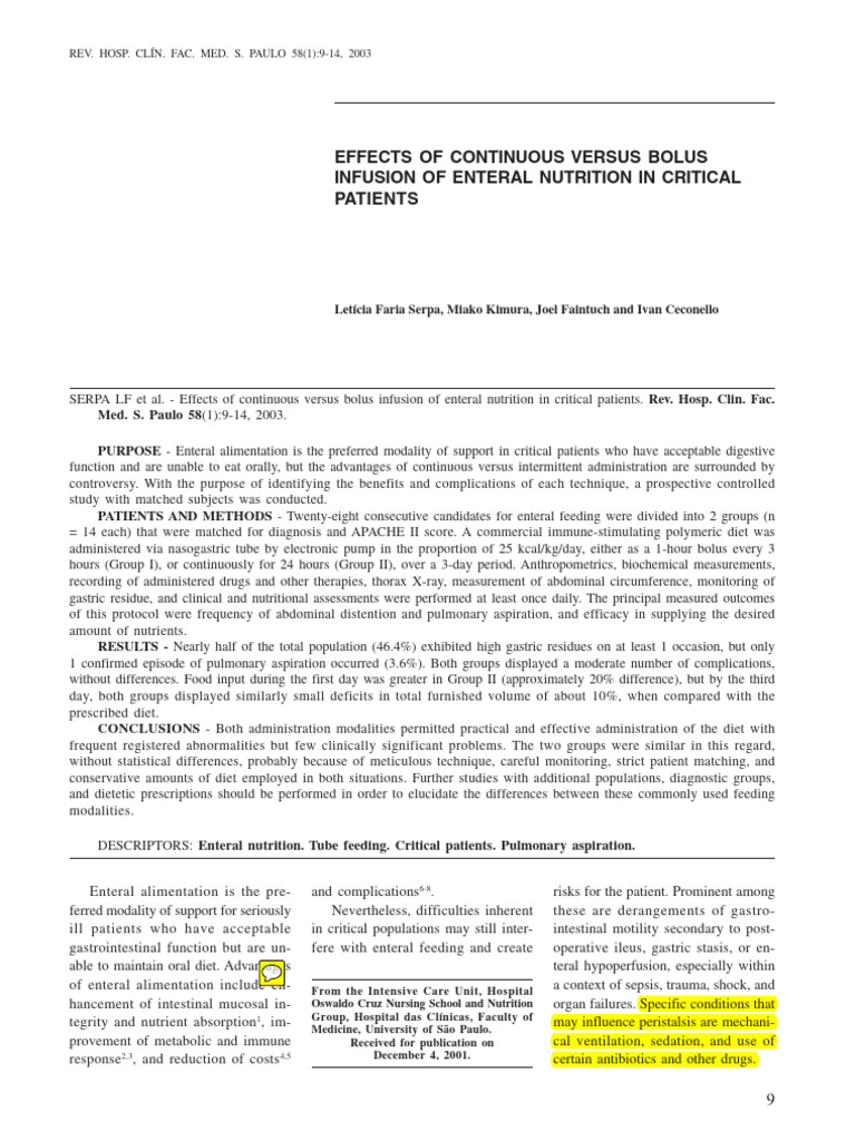 Enteral Nutrition: Continuous vs. Bolus | PDF | Intravenous Therapy ...