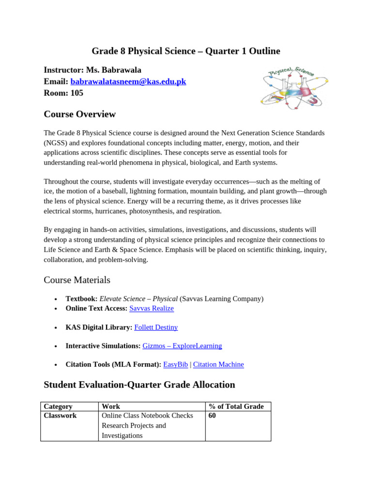Physicalscience Course Outline Grade 8 | PDF | Science | Matter