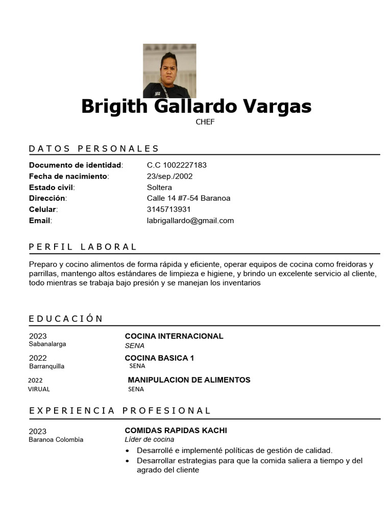 Hoja de Vida Brigith | PDF