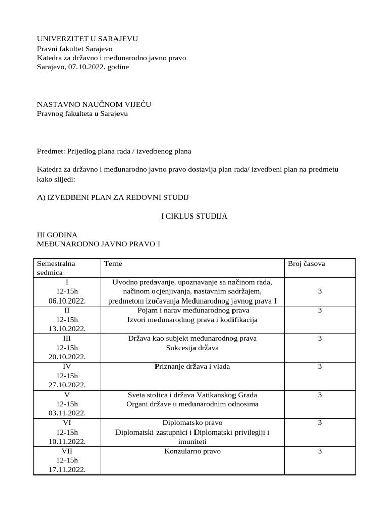 Izvedbeni Plan Za Redovni Studij MJP I 2022 | PDF