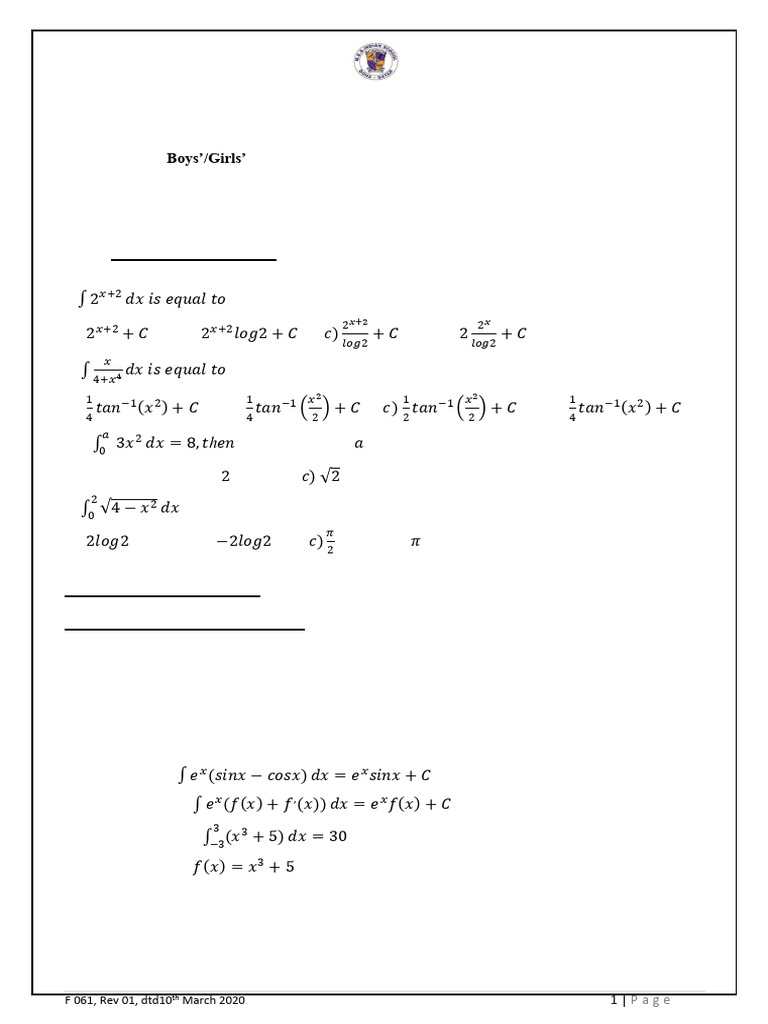 Class 12 Mathematics Worksheet 8 Ch7-Integrals - 251010 - 093326 | PDF ...