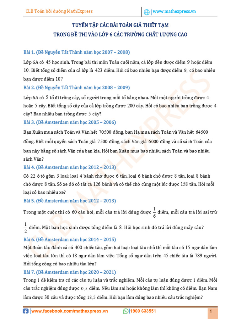 Toan 5 7 Tuyen Tap Cac Bai Toan Ve Gia Thiet Tam Trong de Thi Vao Lop 6 Cac Truong CLC | PDF