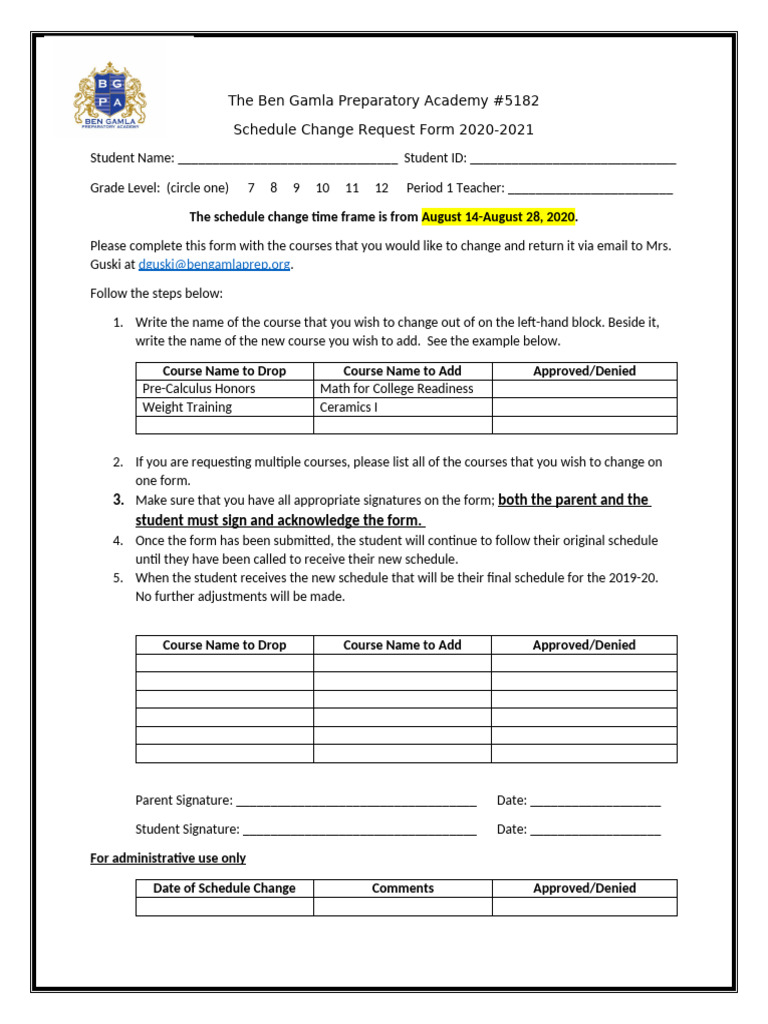 Schedule Change Form 2020-2021 | PDF