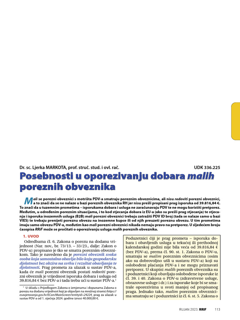 Posebnosti U Oporezivanju Dobara Malih Poreznih Obveznika | PDF