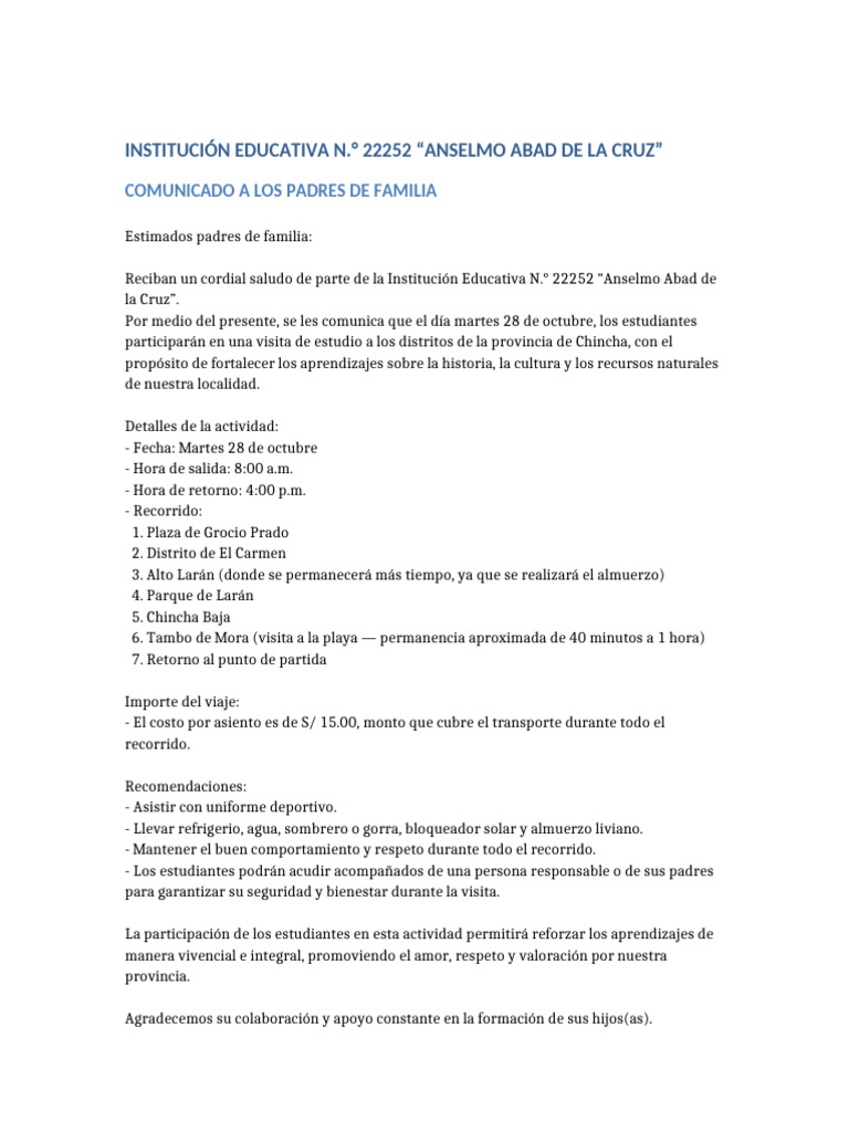 Comunicado Visita de Estudio Anselmo Abad de La Cruz | PDF