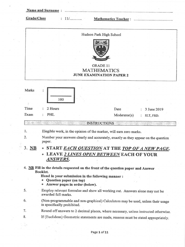 Grade 11 2019 June Maths Paper 2 | PDF