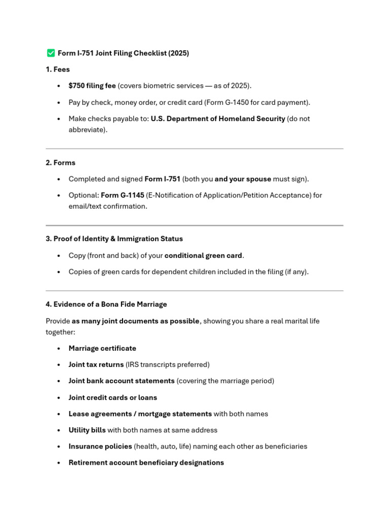 Form I-751 Joint Filing Checklist (2025) | PDF