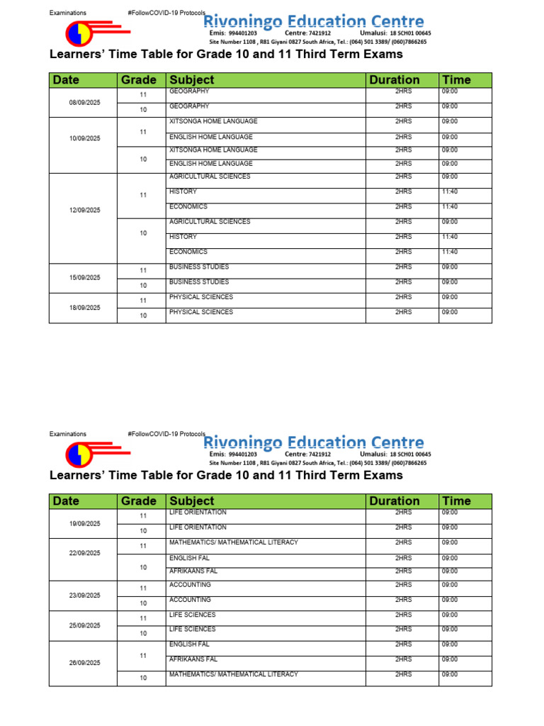 Grade 10 Term 3 Exam Timetable 2025 | PDF | Vocational Education ...