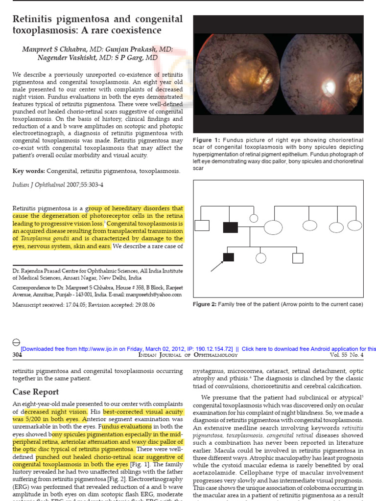 Retinitis Pigmentosa & Toxoplasmosis Case | PDF | Retina | Visual System