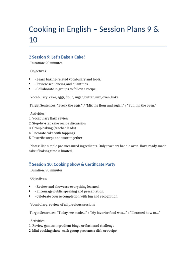 Cooking in English Sessions 9 and 10 Kidomoon | PDF