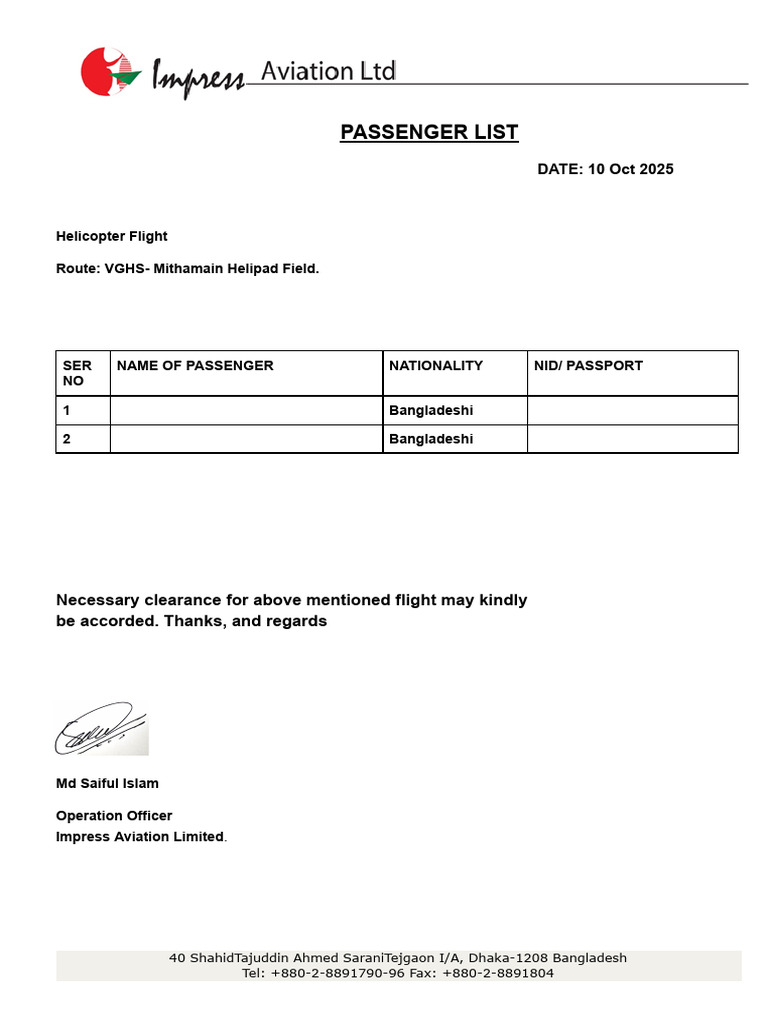 Helicopter Passenger List for Oct 2025 | PDF