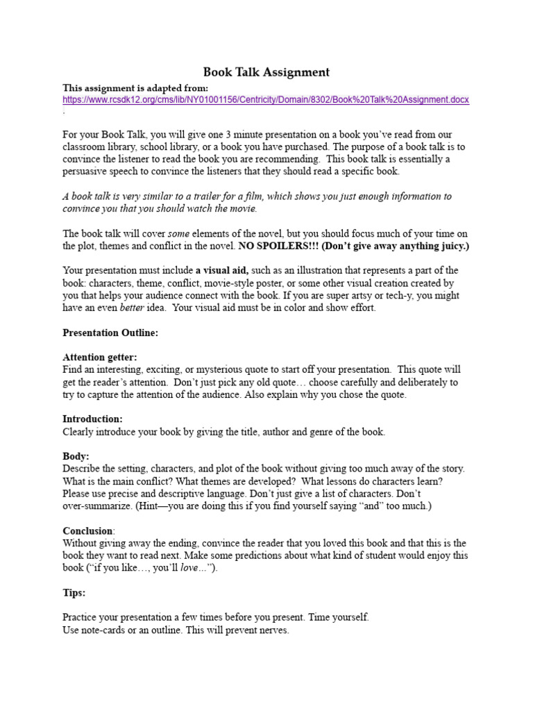Book Talk - Complete Assignment With Instructions &examples | PDF
