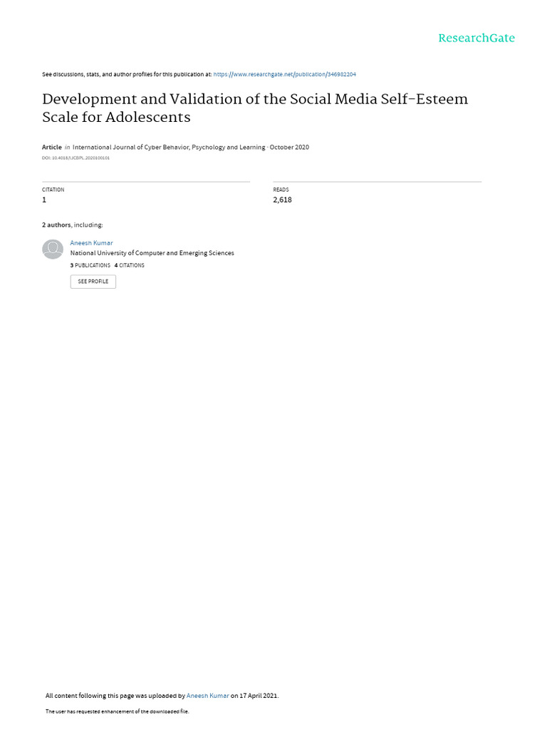 Social Media Self-Esteem Scale for Teens | PDF | Adolescence | Self Esteem