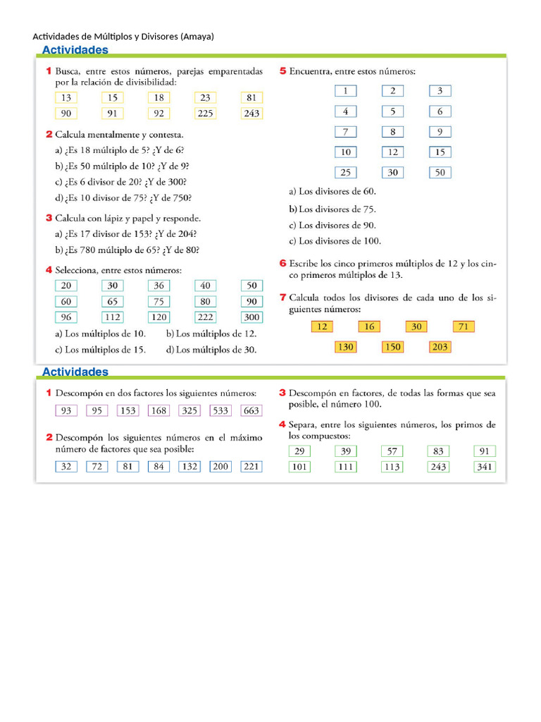 Actividades de Múltiplos y Divisores (Amaya) | PDF