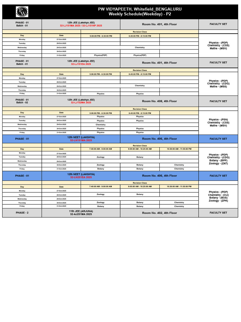 Time Table - Whitefield - 2025-26 - VP Batches TT 12th JEE & NEET Week ...