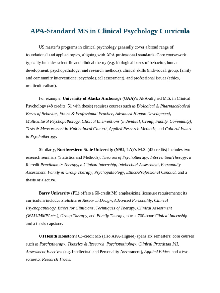 APA Standard Curriculum For MS Clinical Psychology Program | PDF ...
