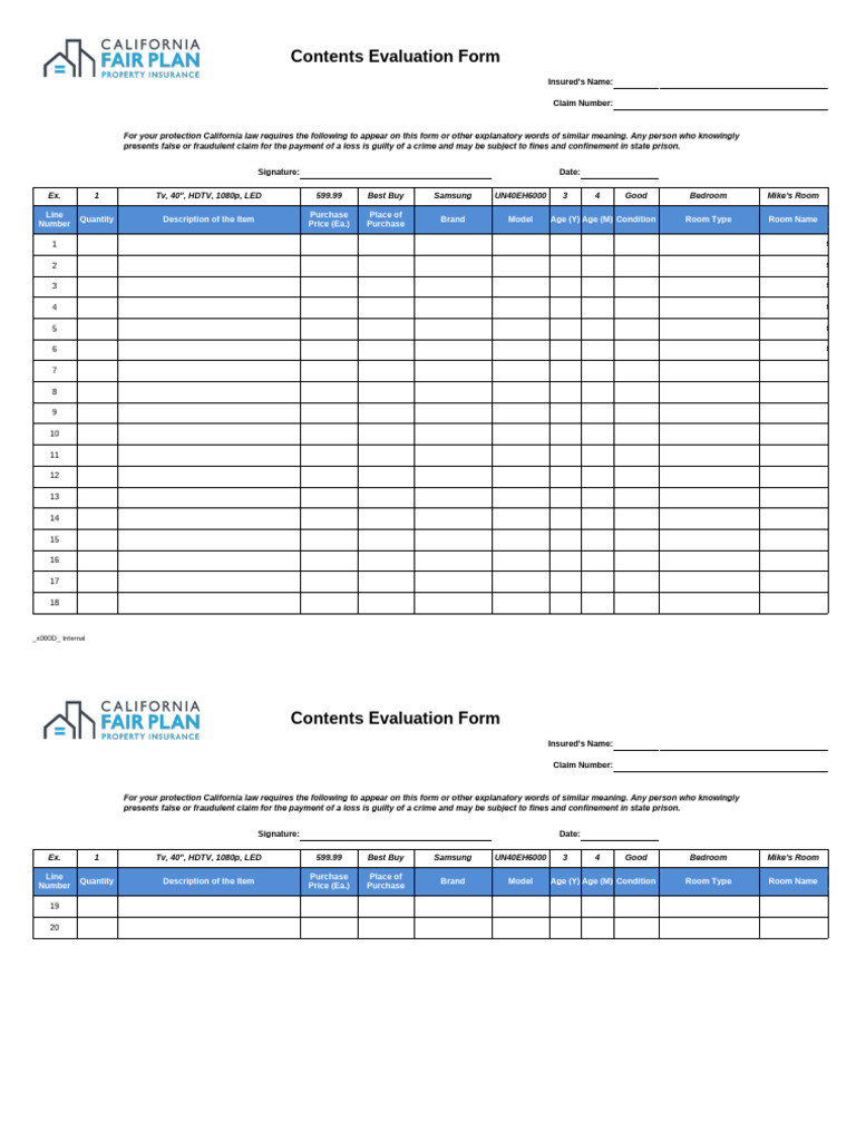 Contents Evaluation Form: Insured's Name: Claim Number | PDF | Prison ...