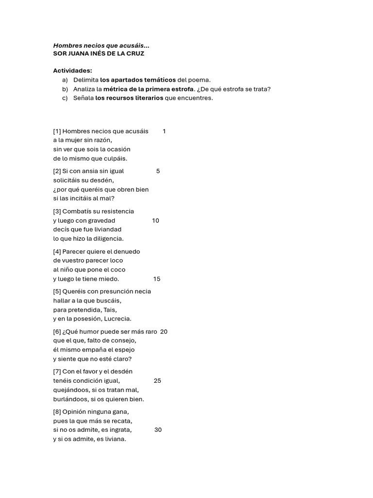 Hombres Necios Que Acusáis (Actividad) | PDF | Poesía