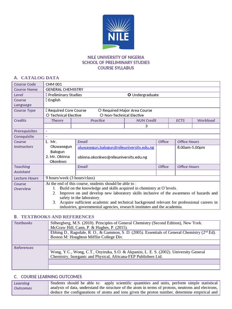 CHM 001 General Chemistry Syllabus | PDF | Chemical Bond | Atoms