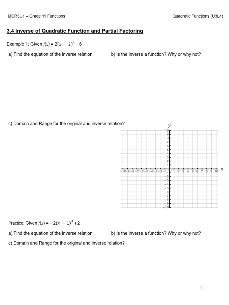 3.4 Inverse of Quadratic Function and Partial Factoring | PDF ...