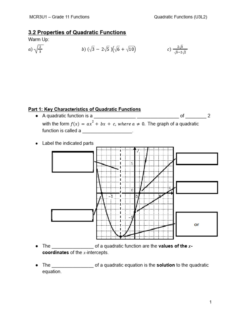 3.2 Properties of Quadratic Functions | PDF | Quadratic Equation ...
