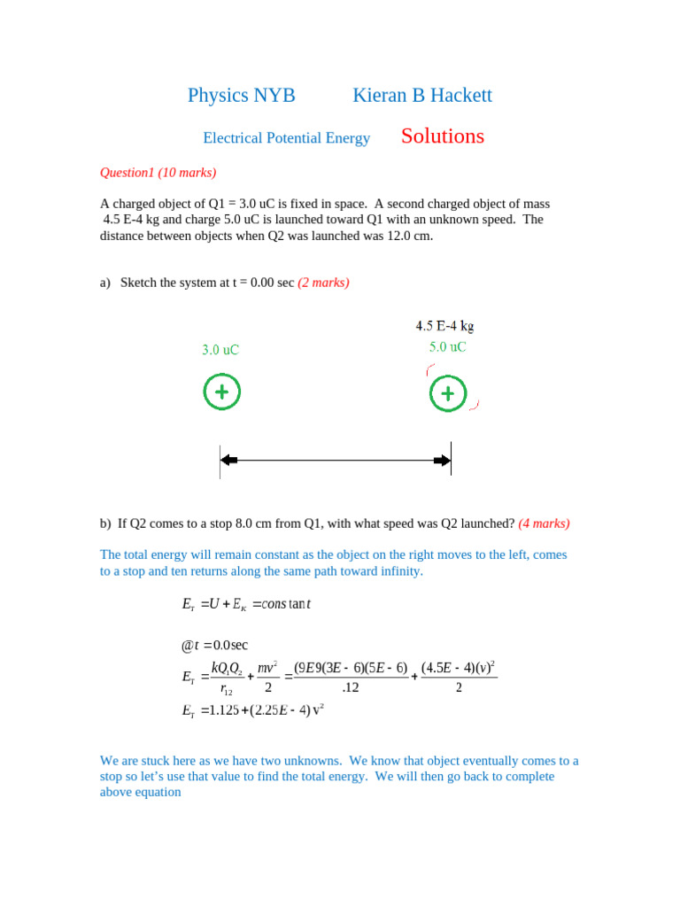 Electric Potential Energy A Solutions | PDF