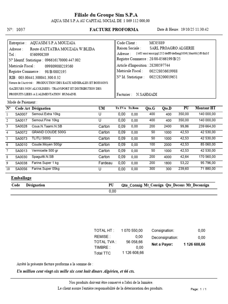 Facture Proforma AQUA SIM S.P.A | PDF