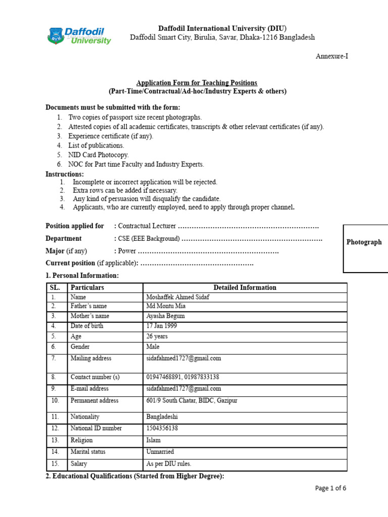 Application Form For Teaching Positions (Part Time, CT & Others) | PDF
