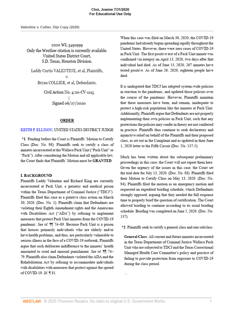 Valentine V Collier (Class Cert Granted) | PDF | Lawsuit | Judiciaries