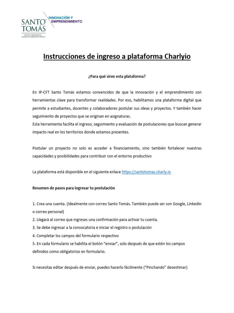 Instructivo Plataforma Charly - Io | PDF | Iniciativa empresarial | Innovación