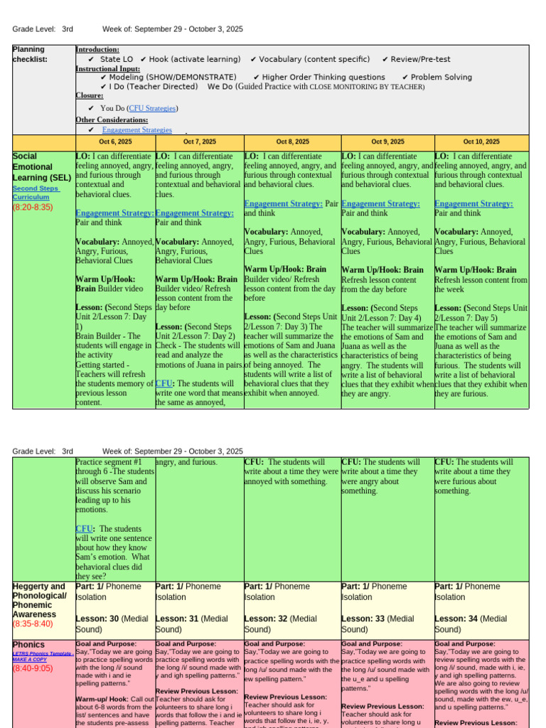 Completed 10-6-25!10!10 - 25 Third Grade Lesson Plan | PDF | Phonics ...