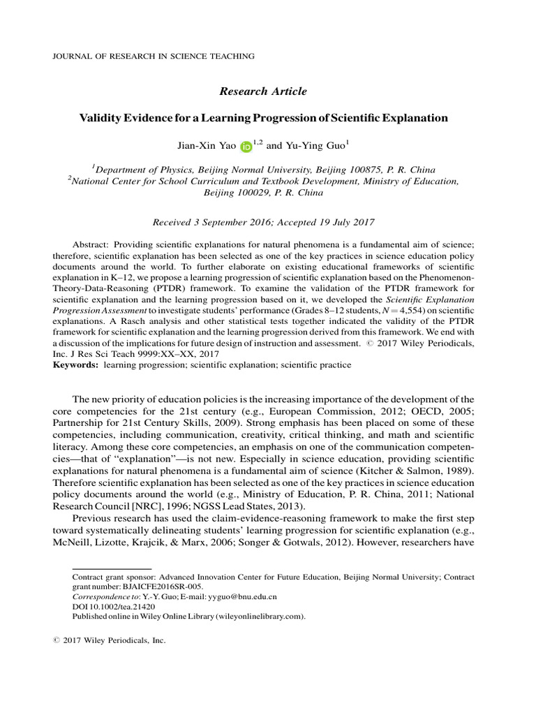 Validity Evidence For A Learning Progression of Scientific Explanation ...