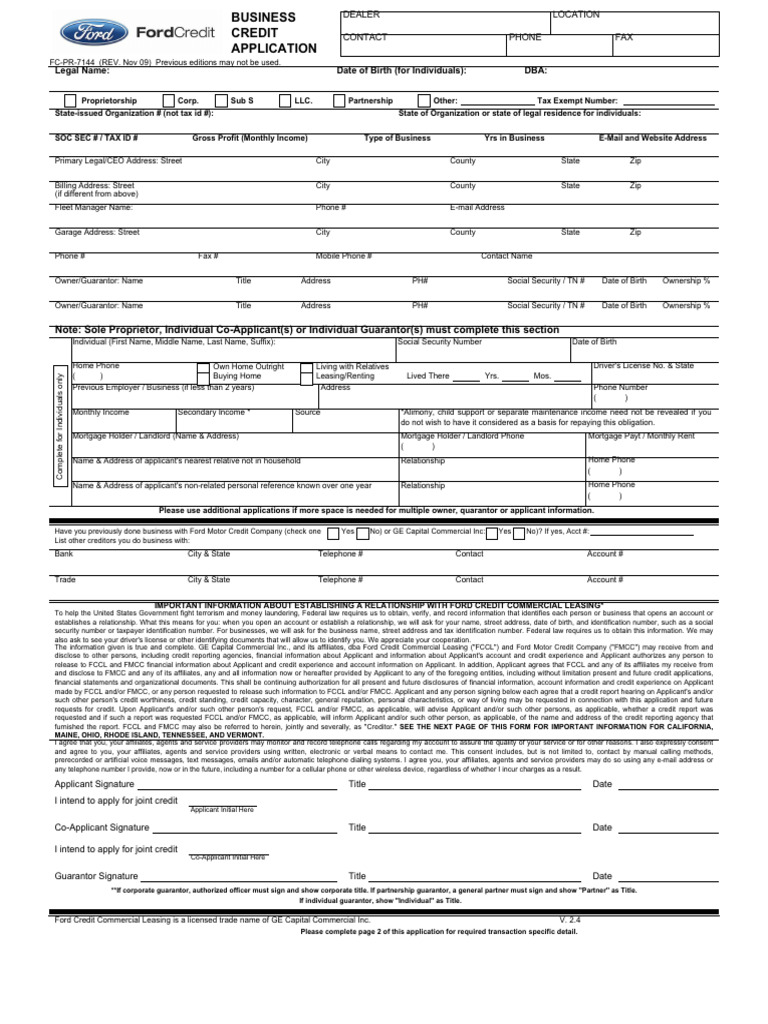Ford Business Credit Application Form | PDF | Sole Proprietorship ...