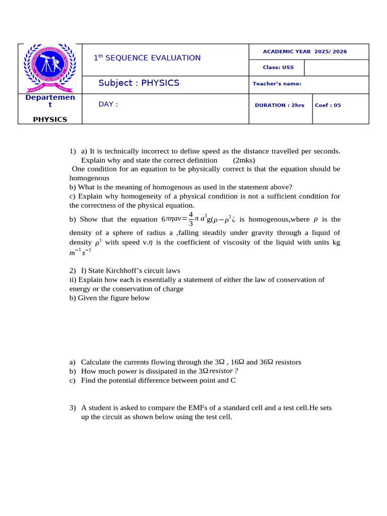 Physics Sequence Evaluation 2025/2026 | PDF | Density | Liquids