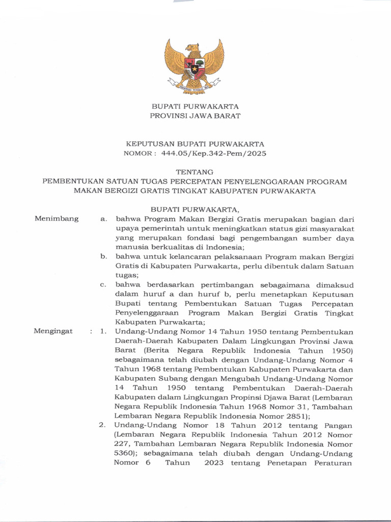 SK Pembentukan Tim Satgas MBG Kabupaten Purwakarta Tahun 2025 | PDF