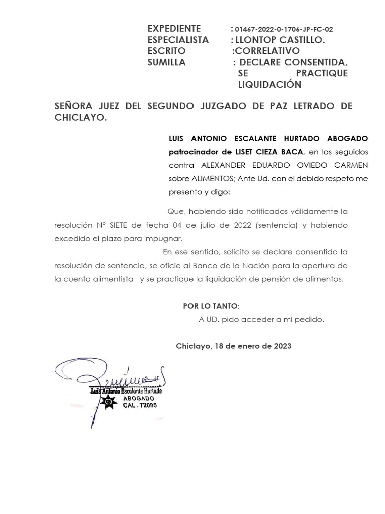 Declare Consentida Sentencia y Practique Liquidacion-Liset | PDF