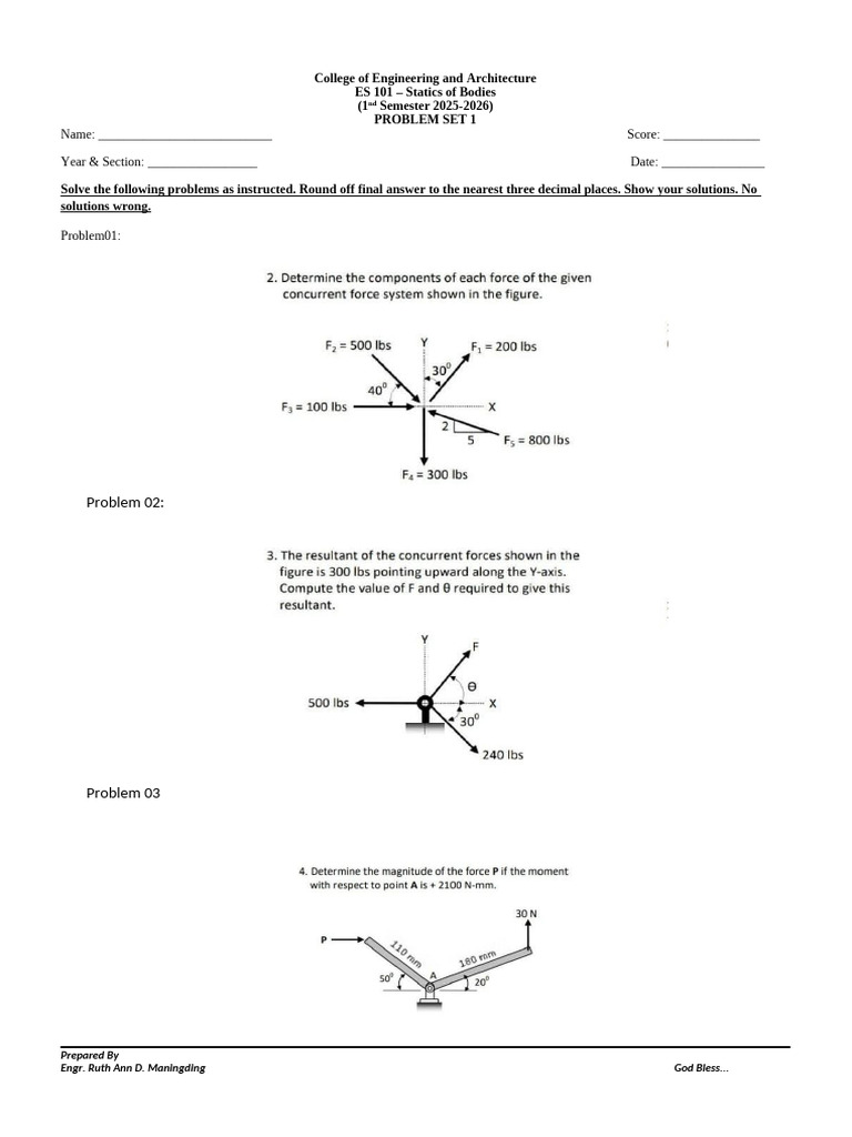 Statics Problem Set for ES 101 | PDF