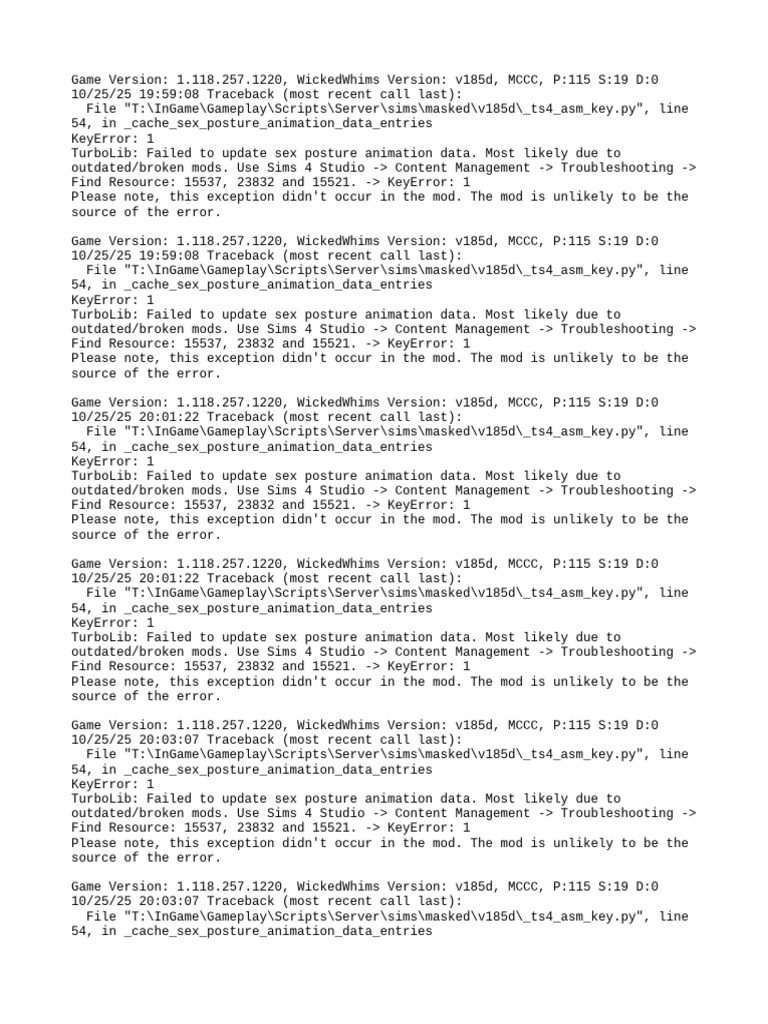 Sims 4 WickedWhims Error Log Analysis | PDF | Software | Computing