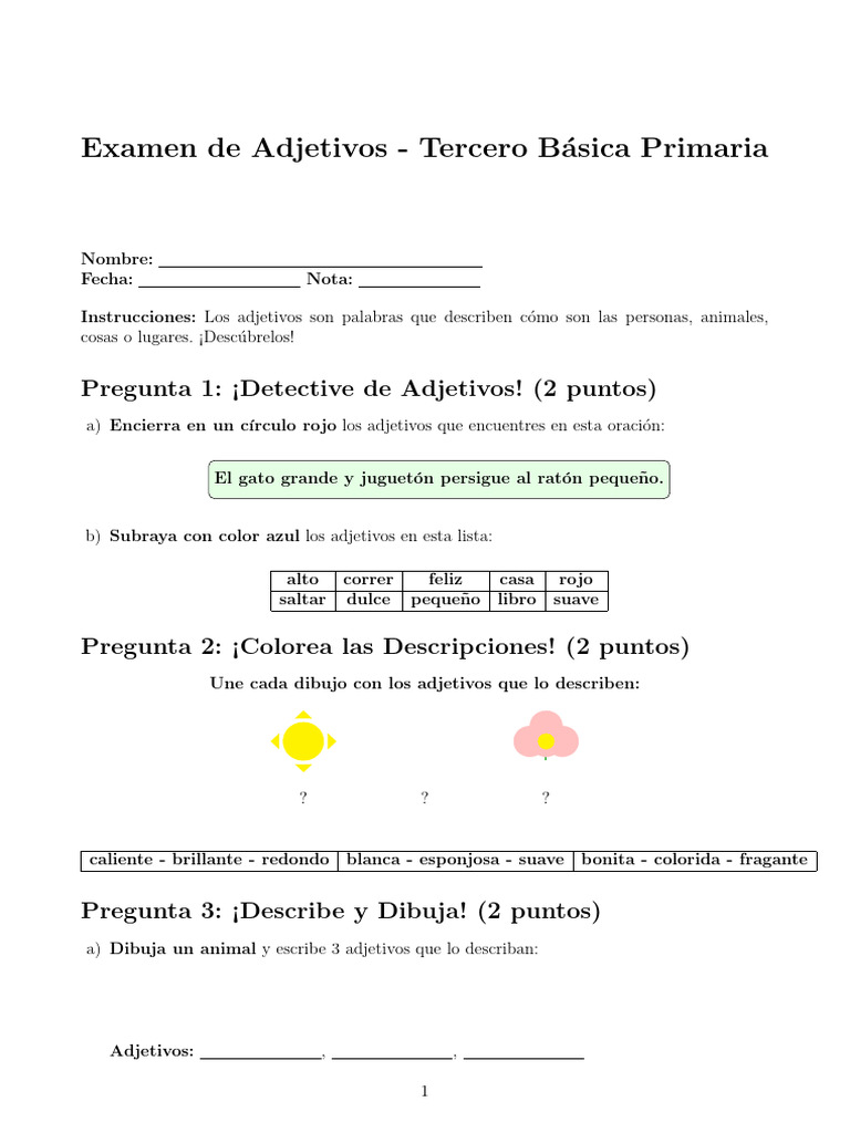 Examen de Adjetivos para Tercero Básico | PDF