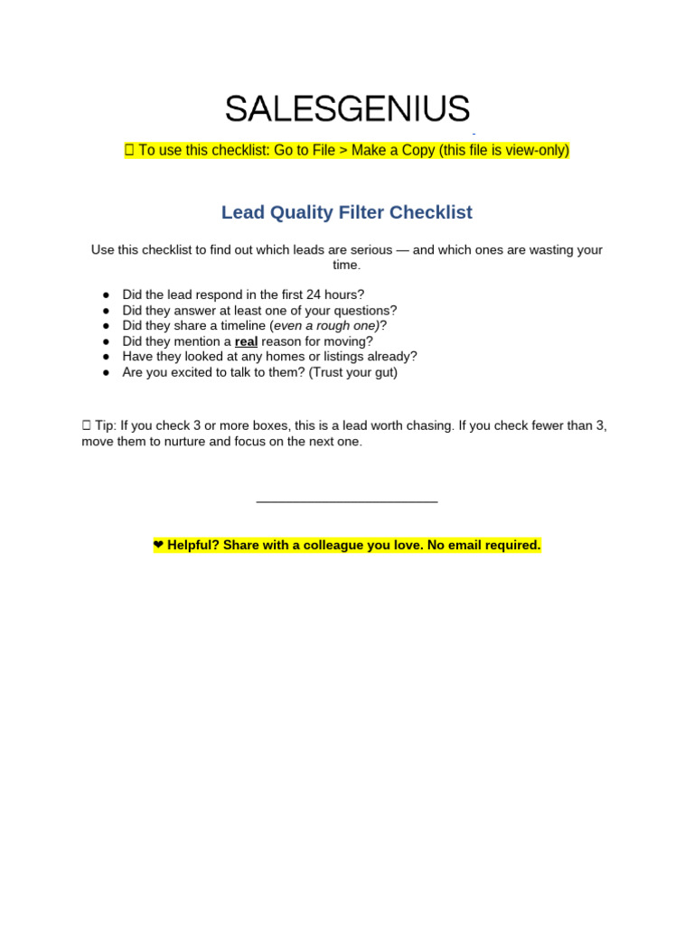 (SalesGenius) Lead Quality Filter Checklist | PDF